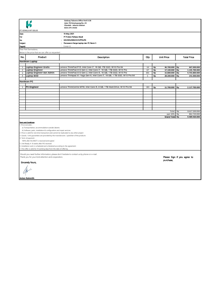 Contoh Quotation Laptop Lenovo Thinkpad Dan PC Rev 5 | PDF | Lenovo ...