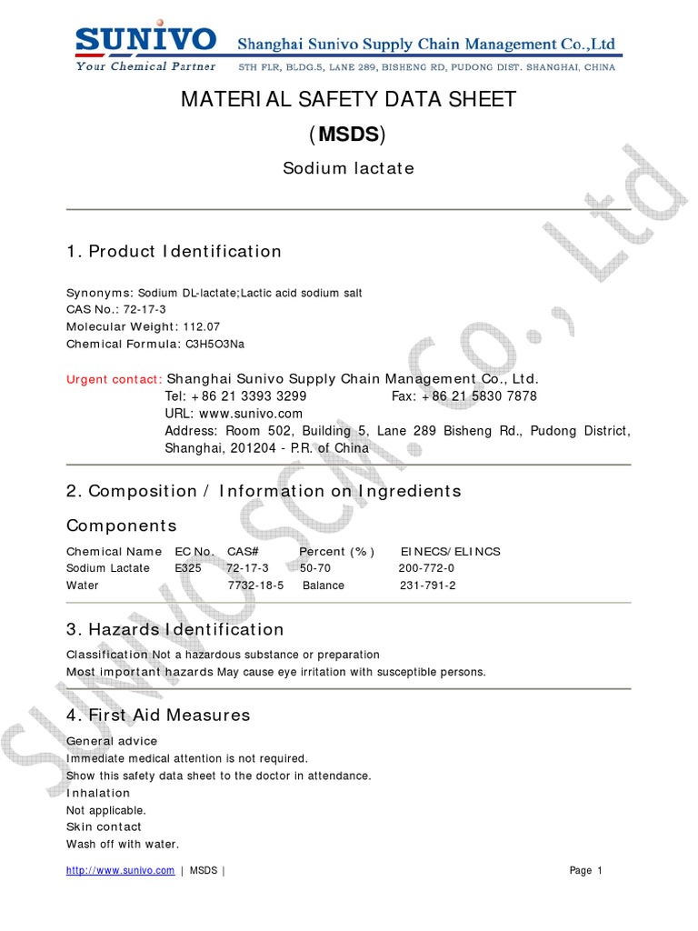 MSDS Sodium Lactate | PDF | Waste | Carbon Dioxide