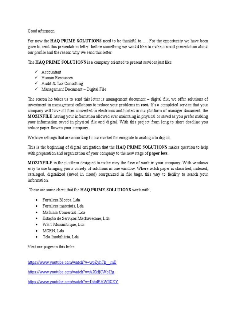 HAQ Prime Solutions Presentation Letter | PDF