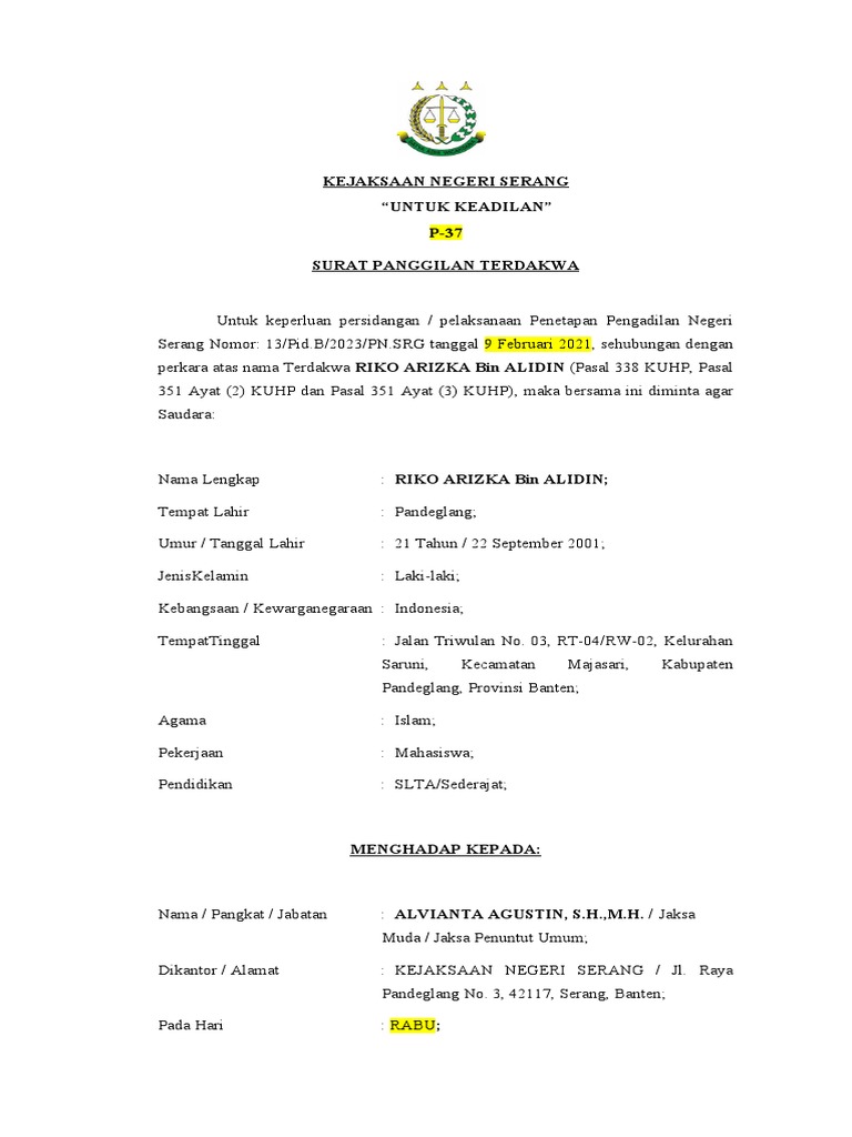 Summon Letter for Court Hearing | PDF