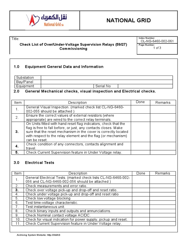 Commissioning Relay Checklist | PDF | Relay | Voltage