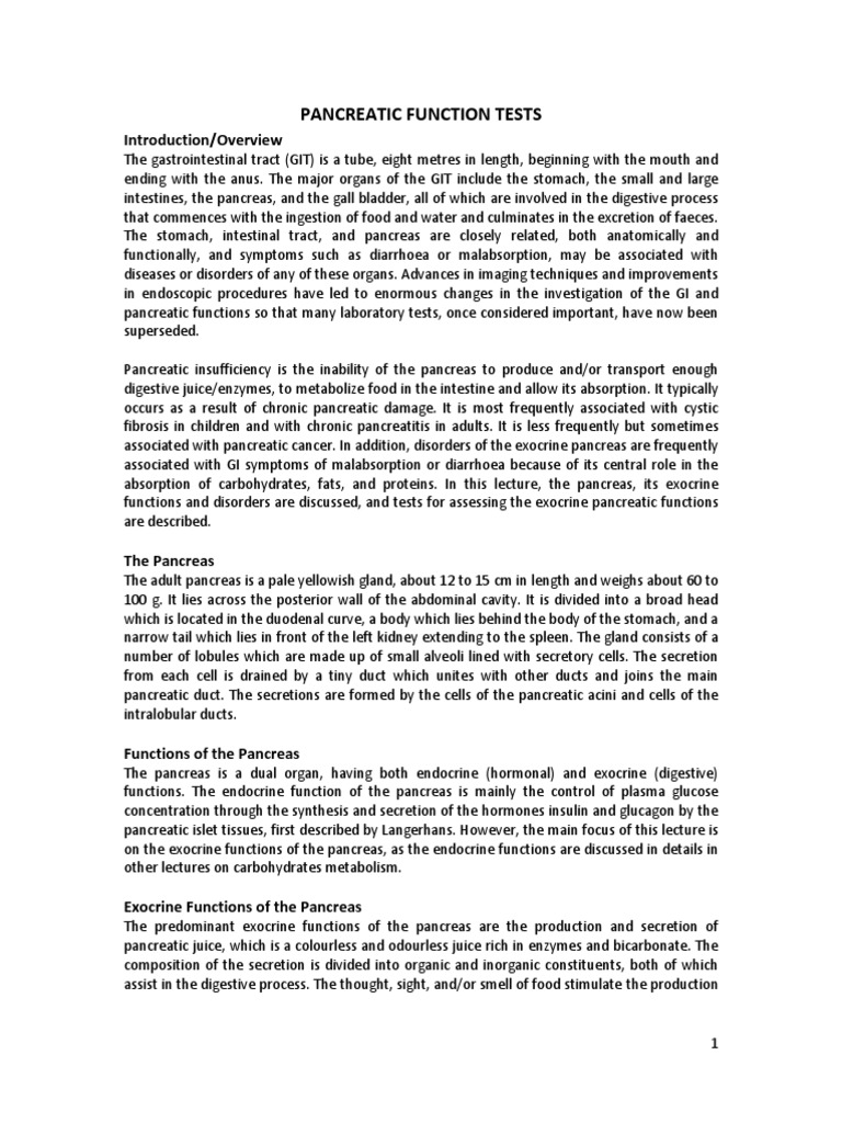 Pancreatic Function Tests | PDF | Pancreas | Medical Specialties