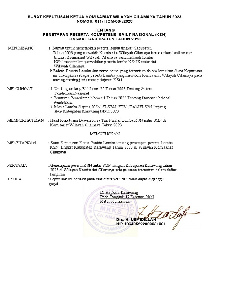 SK Hasil KSN 2023 - Kom Cilamaya | PDF
