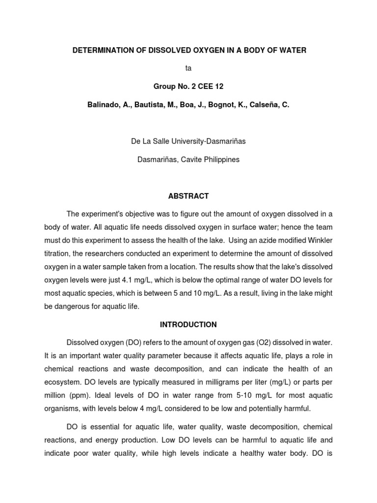 Group 2A Scientific Paper On Determination of Dissolved Oxygen in A Body of Water | PDF ...