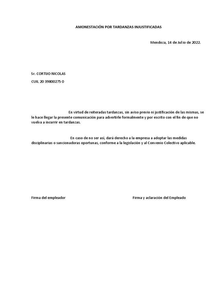 Carta de Amonestación Por Falta Injustificada | PDF Carta de Amonestación Por Falta Injustificada | PDF