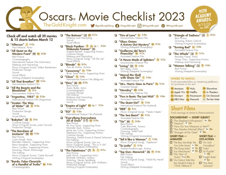Oscars Movies Checklist 2023 | PDF