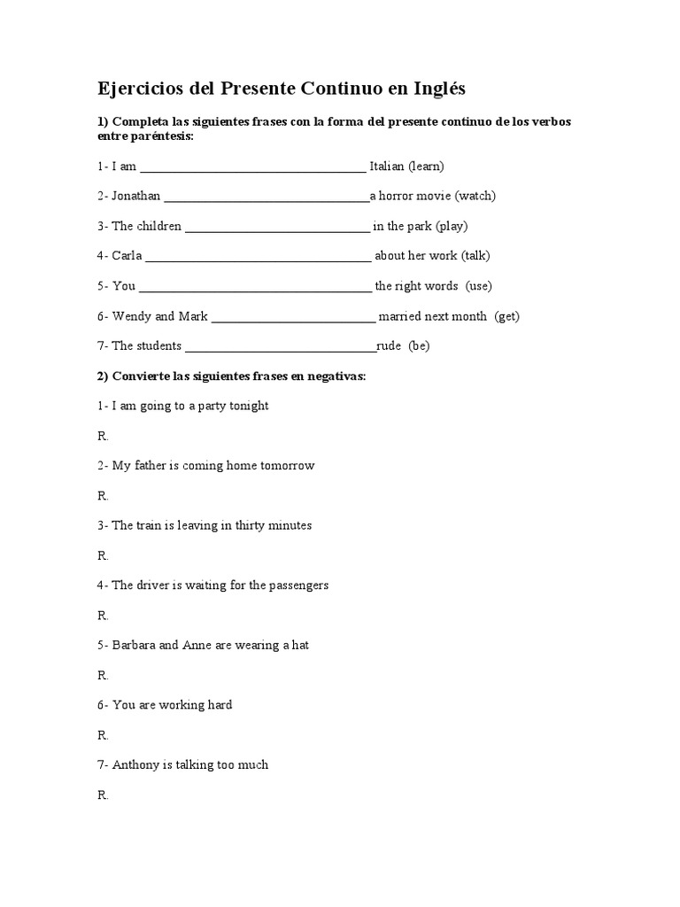 Ejercicios Con Presente Continuo Ingles Uni1 | PDF