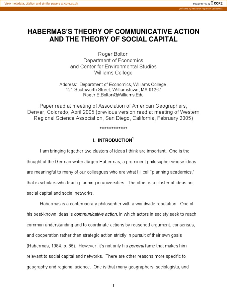 Habermas'S Theory of Communicative Action and The Theory of Social ...