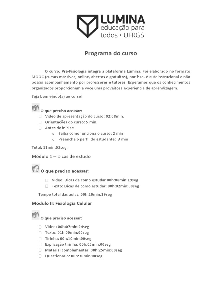 Programa Do Curso Pré-Fisiologia | PDF