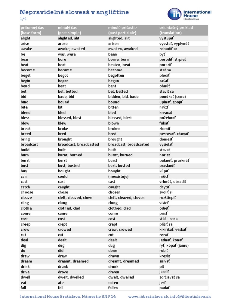 Nepravidelne Slovesa V Anglictine IH Bratislava | PDF