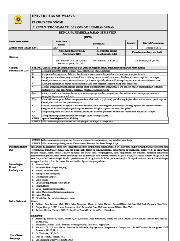 Rps Analisis Pasar Tenaga Kerja - Ep Fe Unsri | PDF