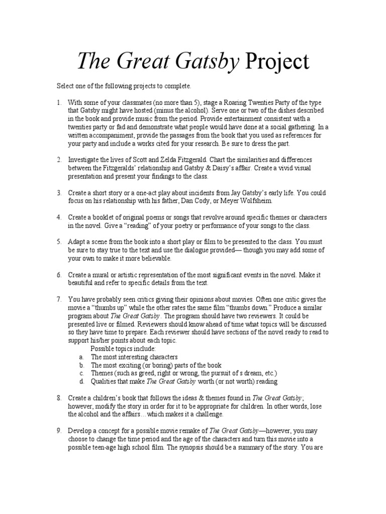 The Great Gatsby Project Ideas | PDF | The Great Gatsby