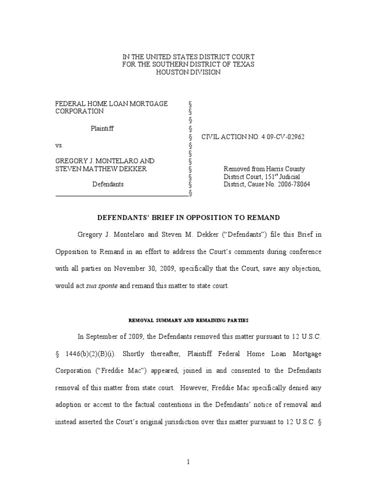 Opposition to Remand in Federal Court | PDF | Lawsuit | Jurisdiction