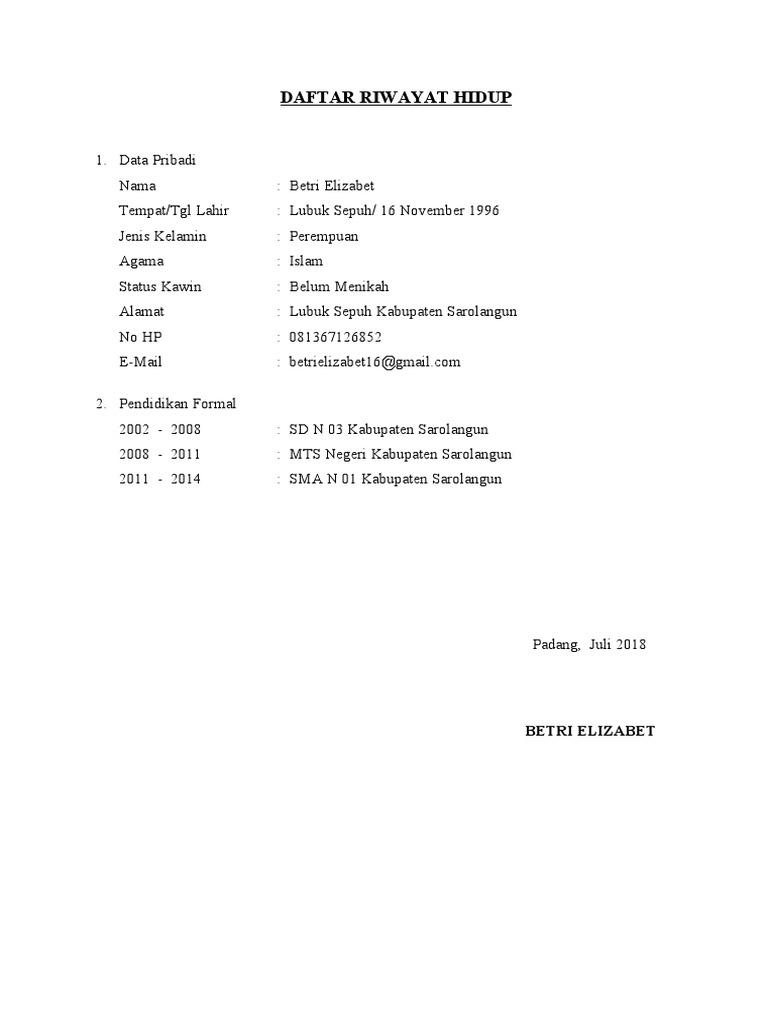 CV Betri Elizabet: Data Pribadi & Pendidikan | PDF