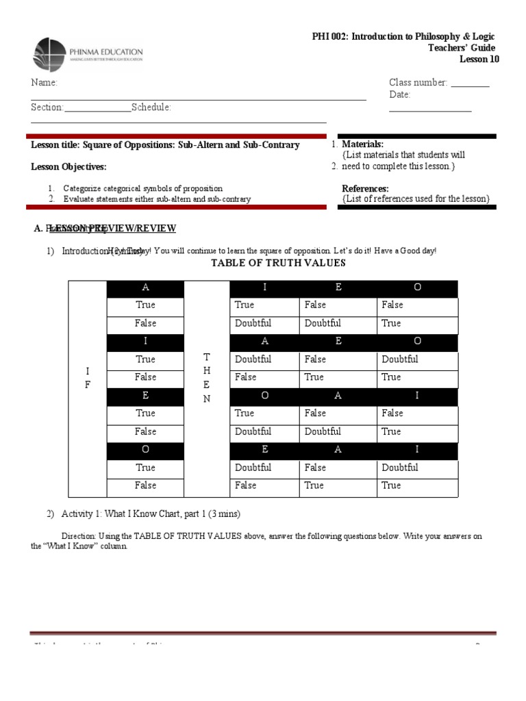 Phi002-Lesson 10 | PDF | Proposition | Truth