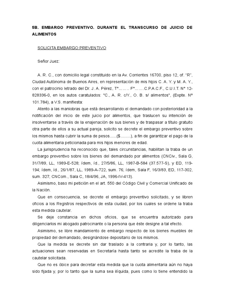 Embargo Preventivo. Durante El Transcurso de Juicio de Alimentos | PDF ...