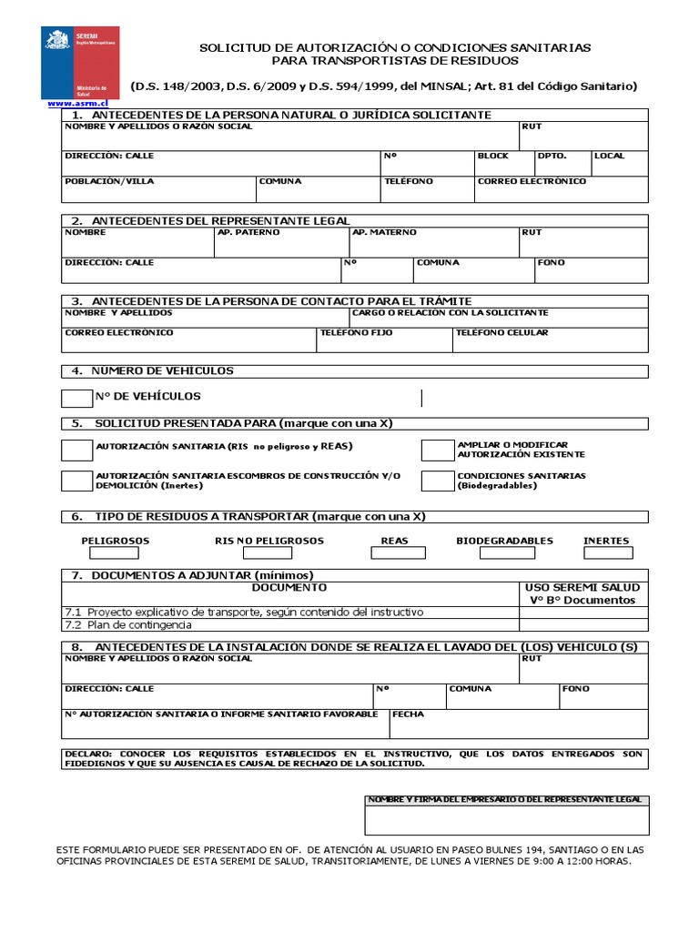 Formulario Solicitud Transporte de Residuos 2021 | PDF