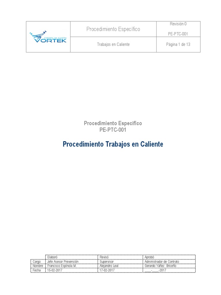 Procedimientos Trabajos en Caliente Vortek Ltda | PDF | Seguridad y salud ocupacional | Soldadura