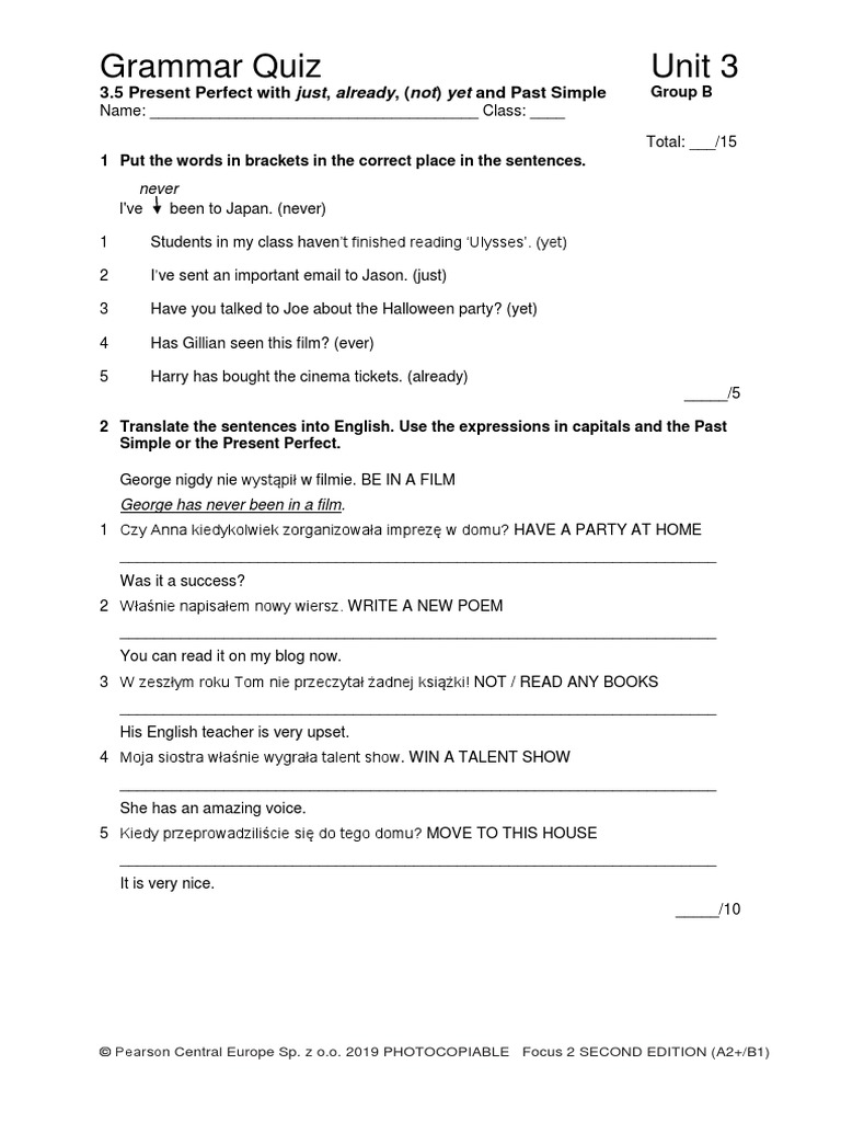 Focus 2 2ed Grammar Quiz Unit3 5 GroupB | PDF
