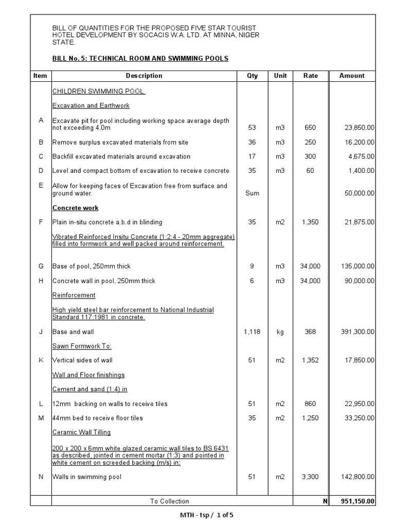 Swimming Pool BOQ | PDF | Concrete | Tile