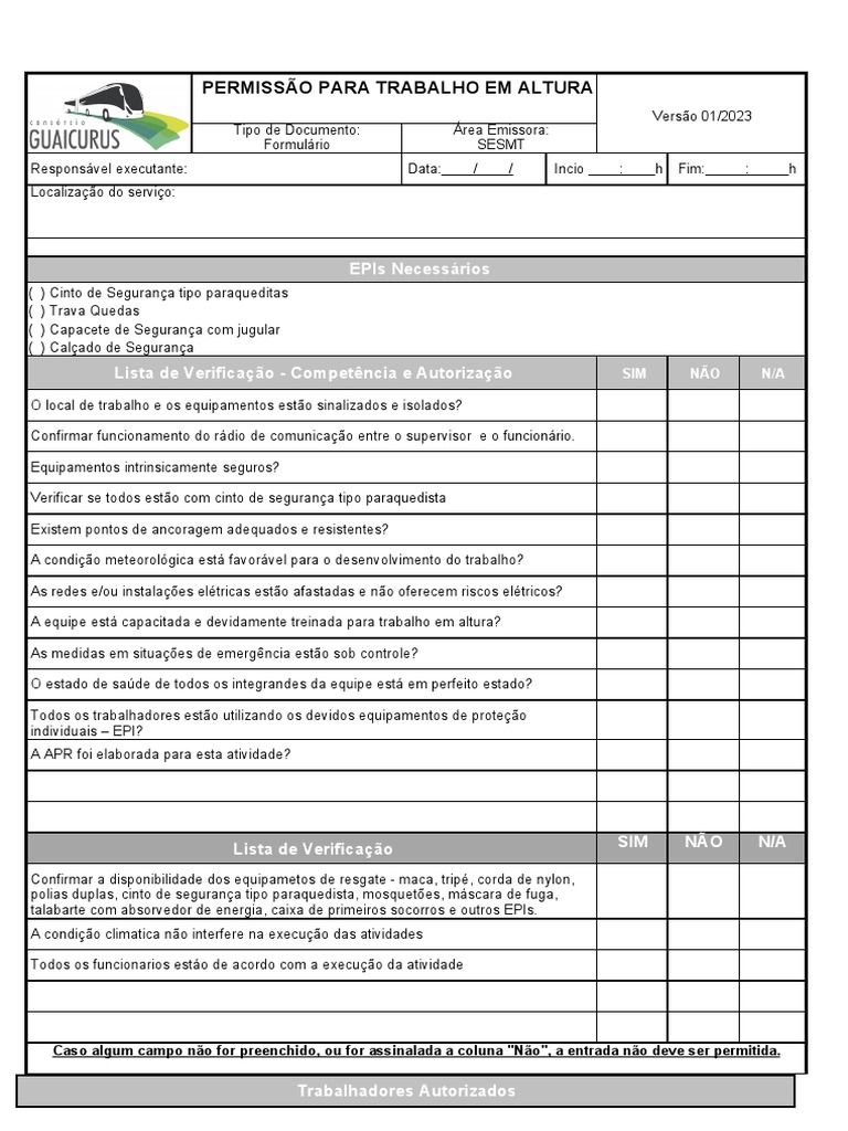 Permissão para Trabalho em Altura | PDF