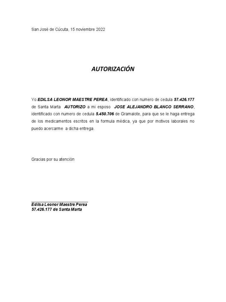 Autorizacion Entrega De Medicamentos Pdf