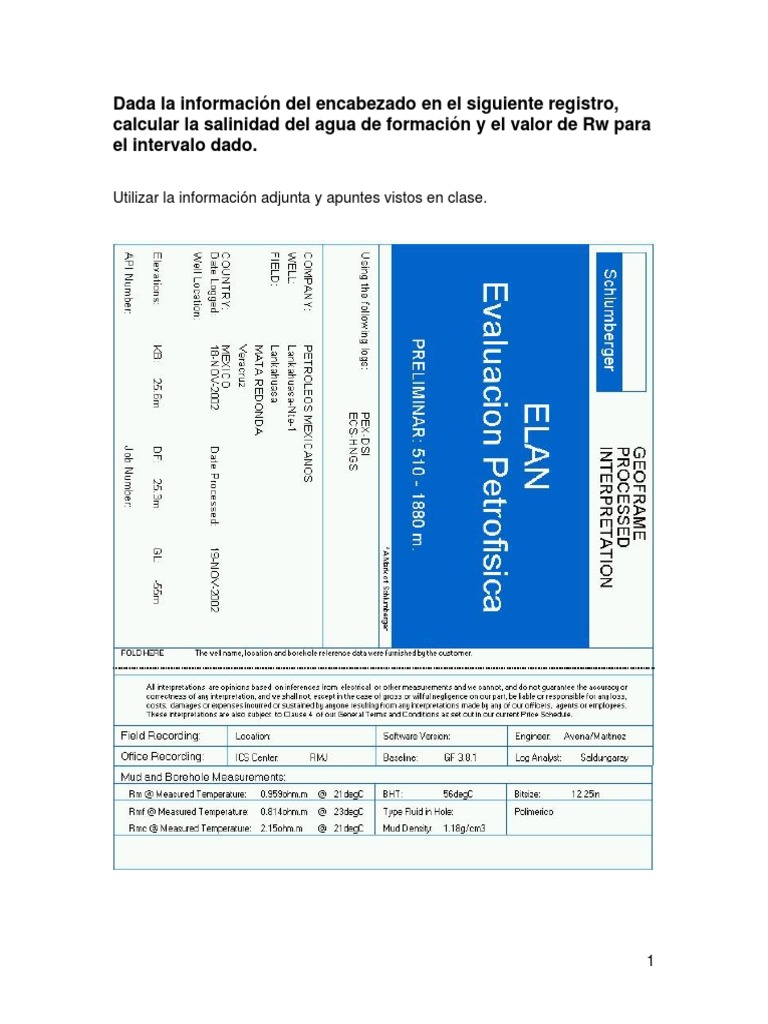 Tarea 1 Calculo de Salinidad y RW A Partir de SP - Lodo Dulce | PDF