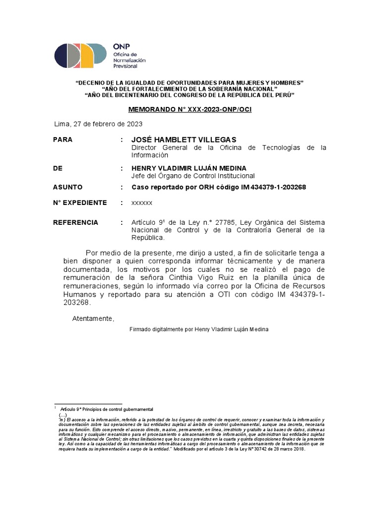 Memo Xxx-2023-Onp Oci - Oti | PDF | Información | Gobierno