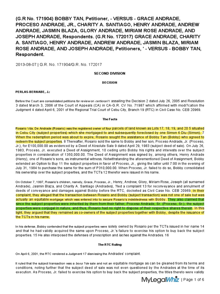 4.) Bobby Tan Vs Grace Andrade Et Algrace Andrade Et Al Vs Bobby Tan ...