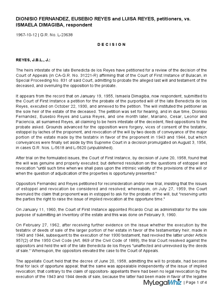 1.) Dionisio Fernandez Et Al Vs Ismaela Dimagiba | PDF | Will And ...