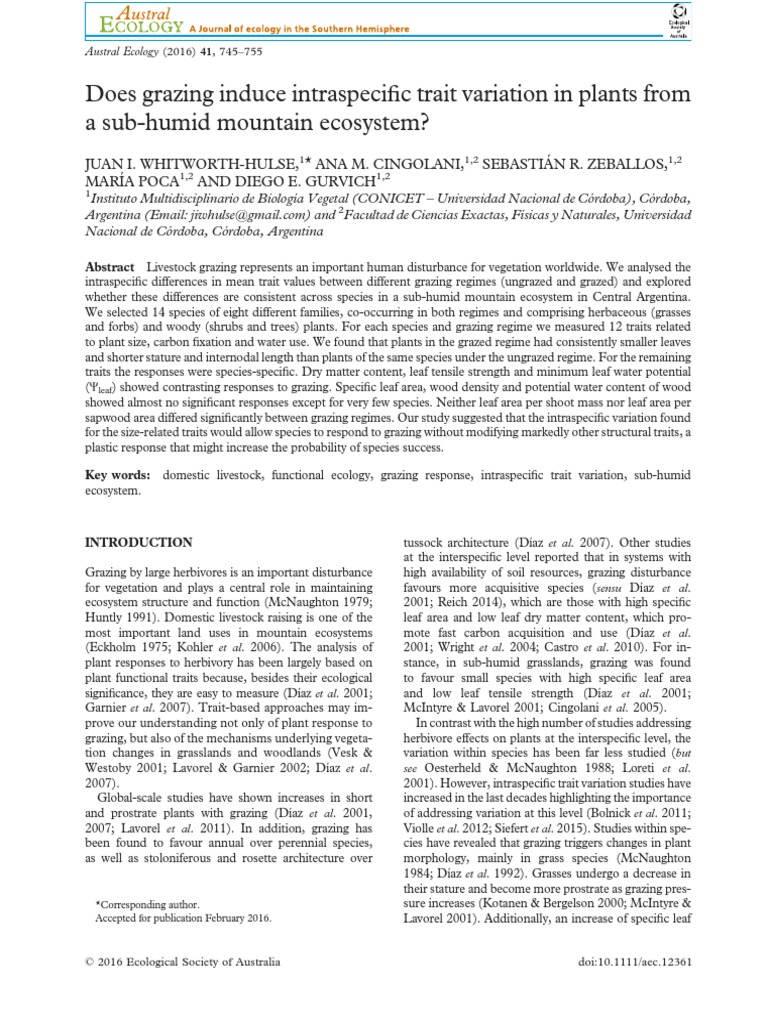 Does Grazing Induce Intraspecific Trait Variation in Plants From A Sub-Humid Mountain Ecosystem ...