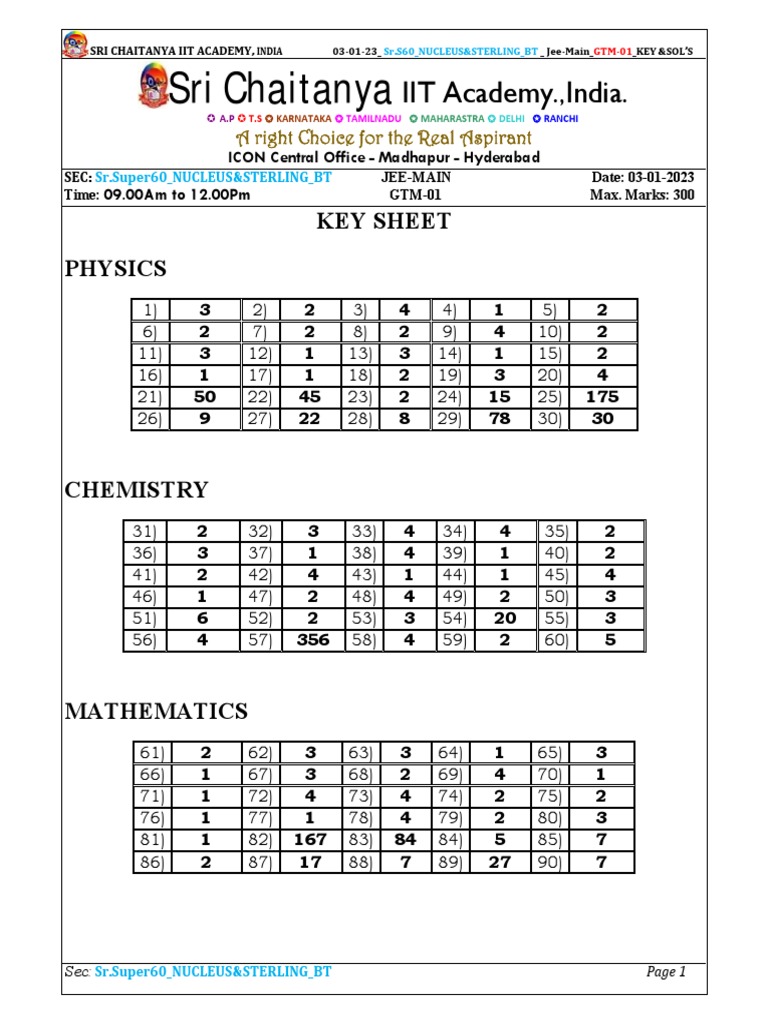 03-01-2023 - SR - Super60 - NUCLEUS & ALL - BT - Jee-Main-GTM-01 - (2nd Year Syllabus) - KEY ...