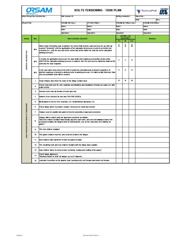 Attachment 1 - Bolt Tensioning Task Plan | PDF | Screw | Pump