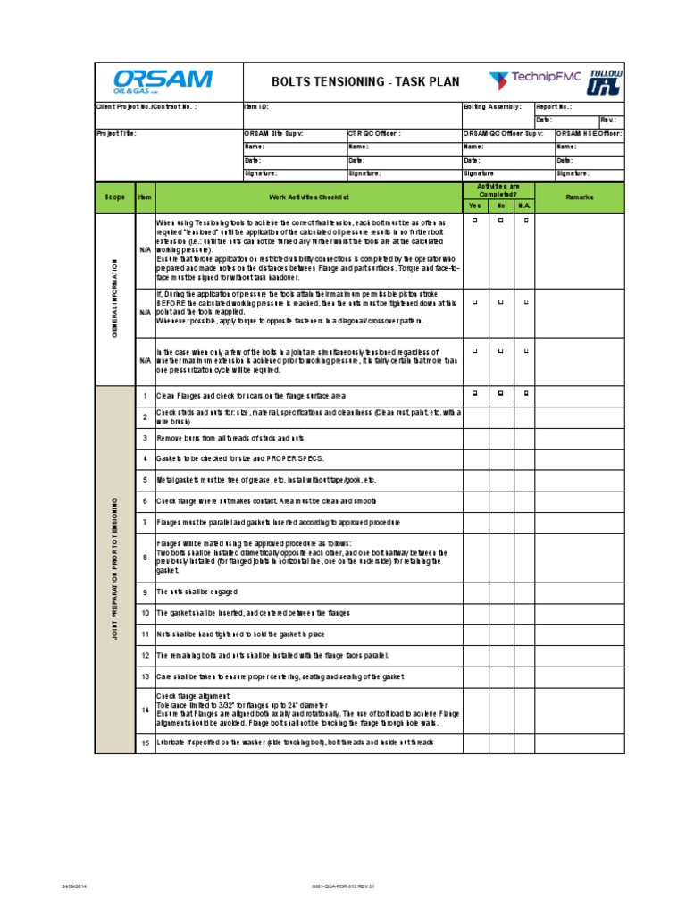 Bolts Tensioning Task Plan Guide | PDF | Screw | Pump