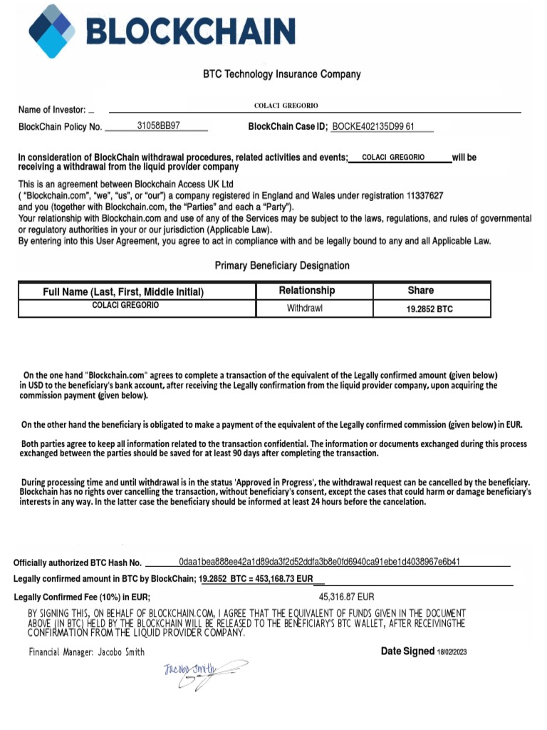 Procedures and Obligations for a 19.2852 BTC Withdrawal from BlockChain ...
