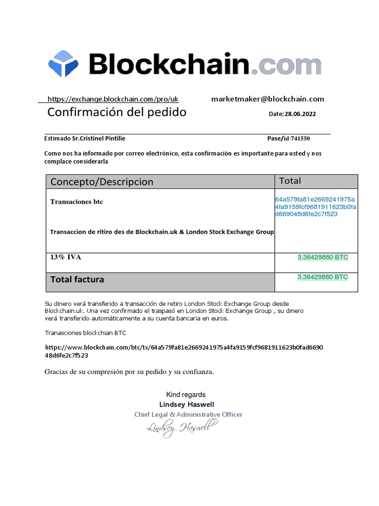 Blockchain - Uk Order Confirmation. Cristinel Pintilie | PDF