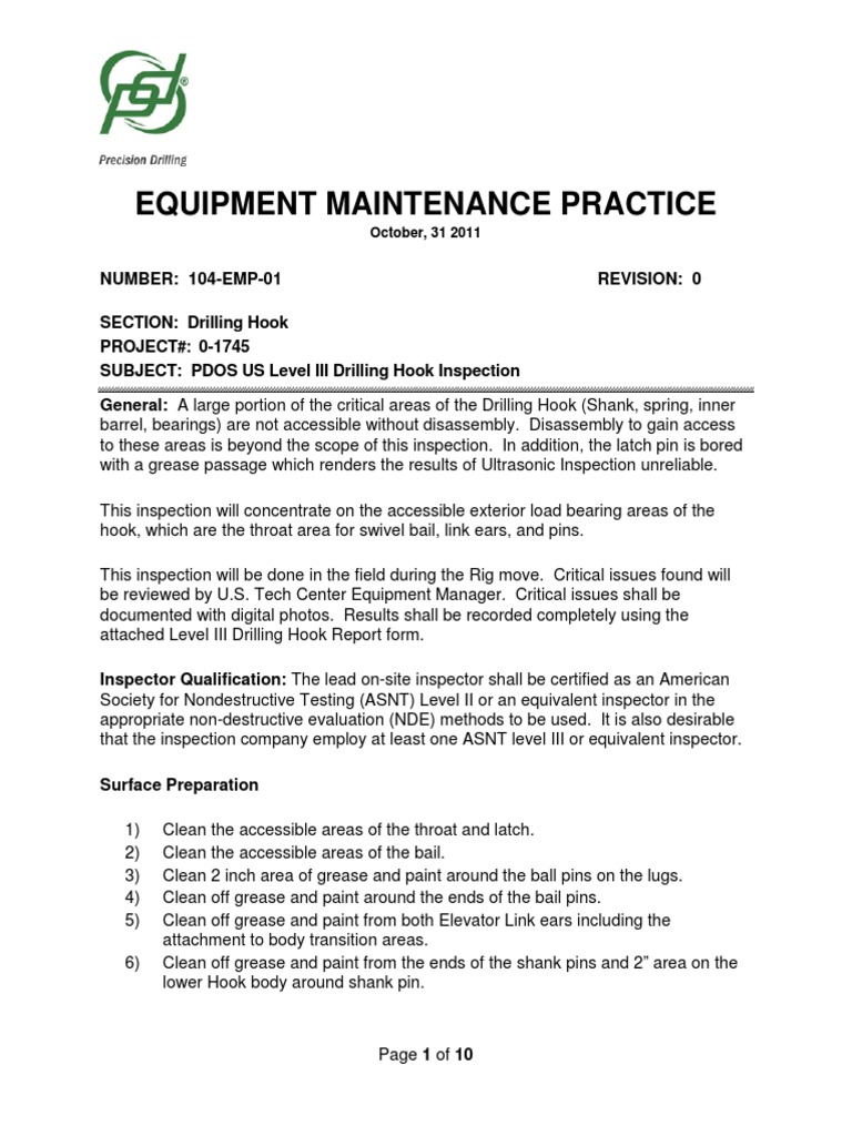 104 Emp 01 Rev 0 Drilling Hook Level Iii Inspection Usa Only Pdf