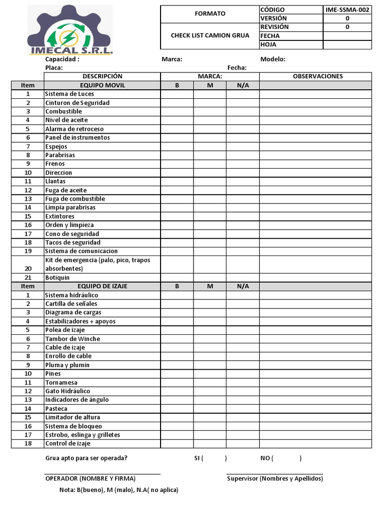 Check List Camion Grua | PDF