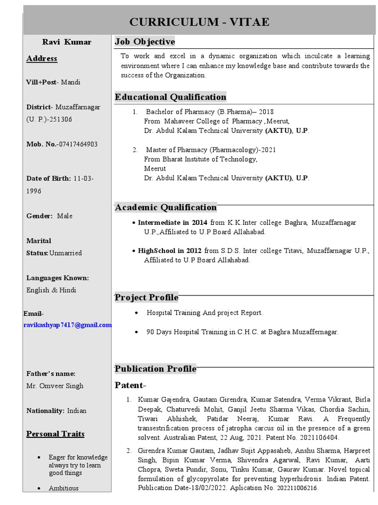 Ravi CV | PDF | Pharmacology | Pharmacy