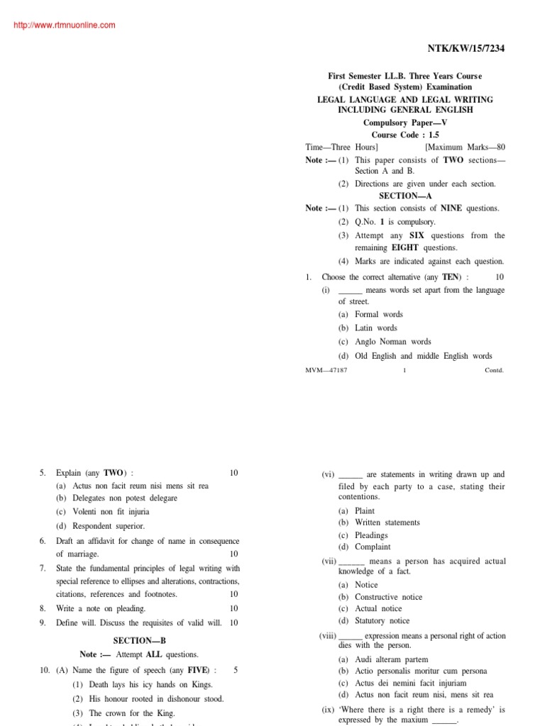 LLB 1 Sem Legal Language and Legal Writing Including General English Winter 2015 | PDF | Justice ...