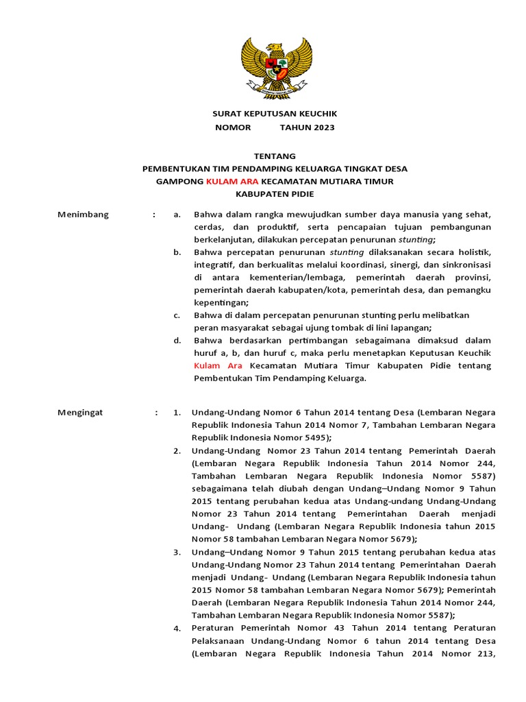 SK Tim Pendamping Keluarga Tingkat Desa Kec. Mutiara Timur | PDF