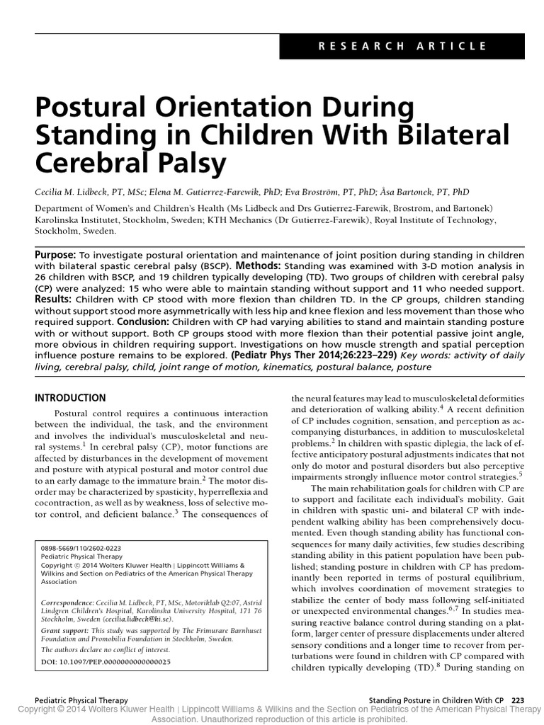 Postural Orientation During Standing in Children With Bilateral ...