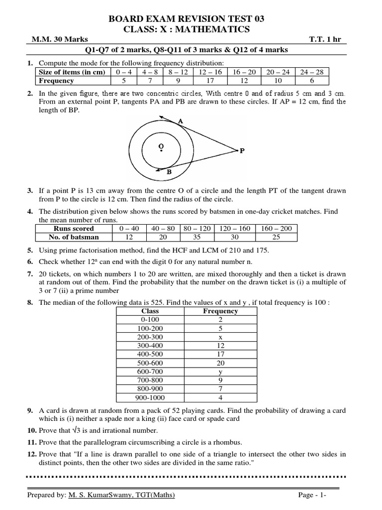 Board Exam 2023 Revision Test 03 Class X Maths | PDF | Circle | Mathematics