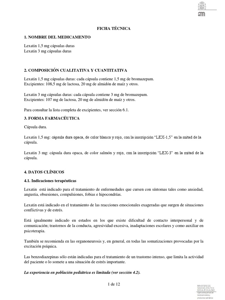 Ficha Técnica de Lexatin 1,5 y 3 mg | PDF | Benzodiazepinas ...