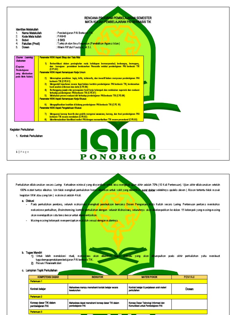 RPS Pembelajaran PAI Berbasis TIK 2023 1 | PDF