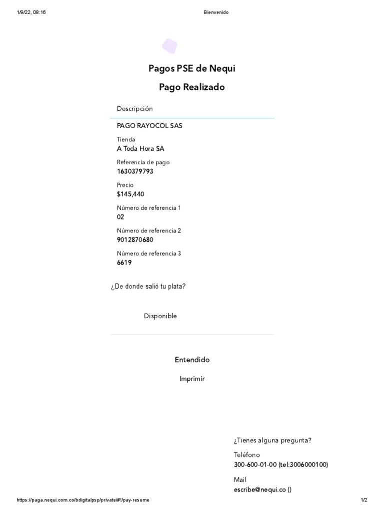 Registro de pago realizado a Toda Hora SA por $145,440 desde Rayocol ...