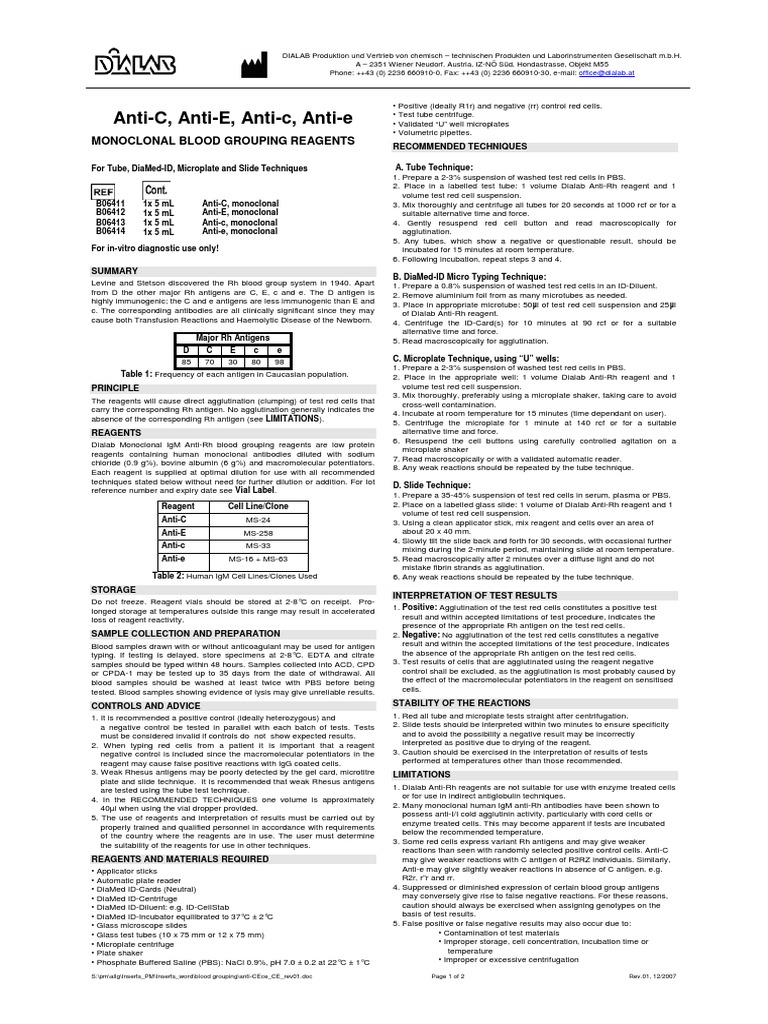 Dialab Monoclonal Blood Grouping Reagents | PDF | Blood Type | Blood ...