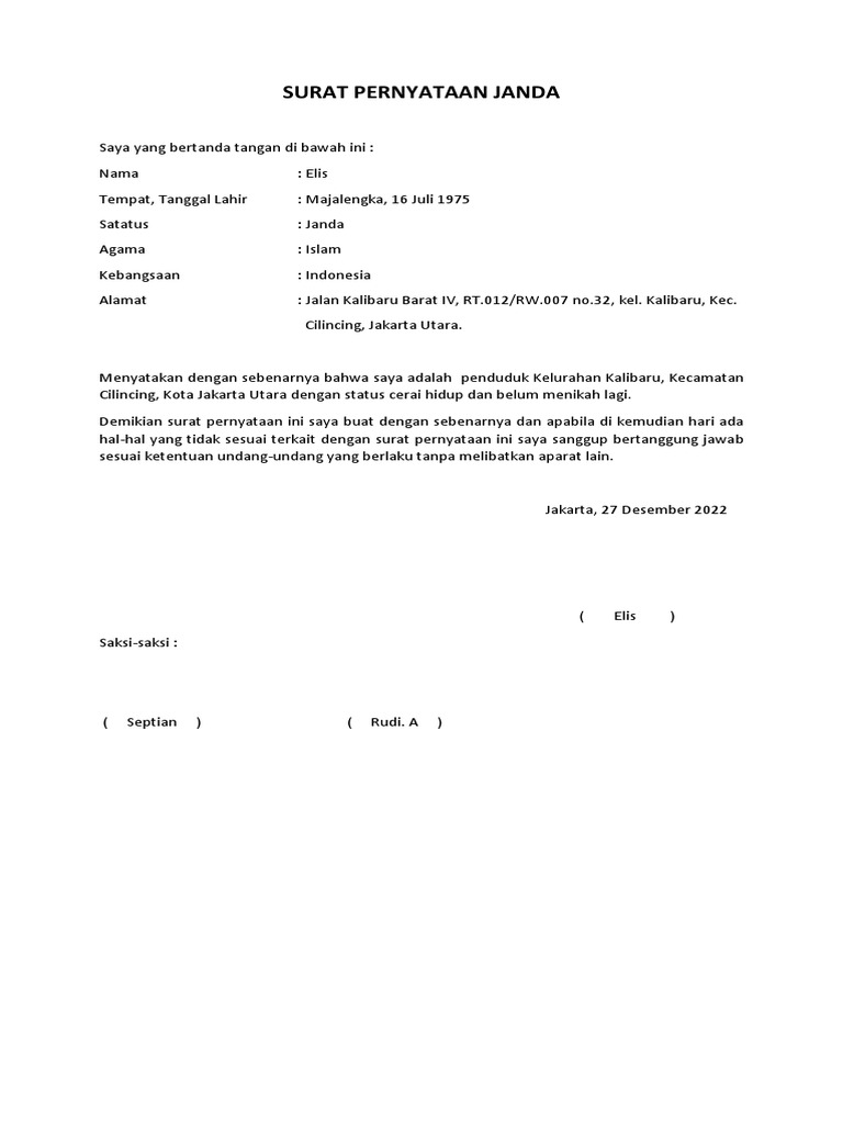Surat Pernyataan Janda | PDF