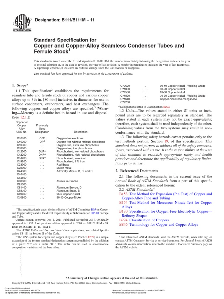 Copper and Copper-Alloy Seamless Condenser Tubes and Ferrule Stock ...