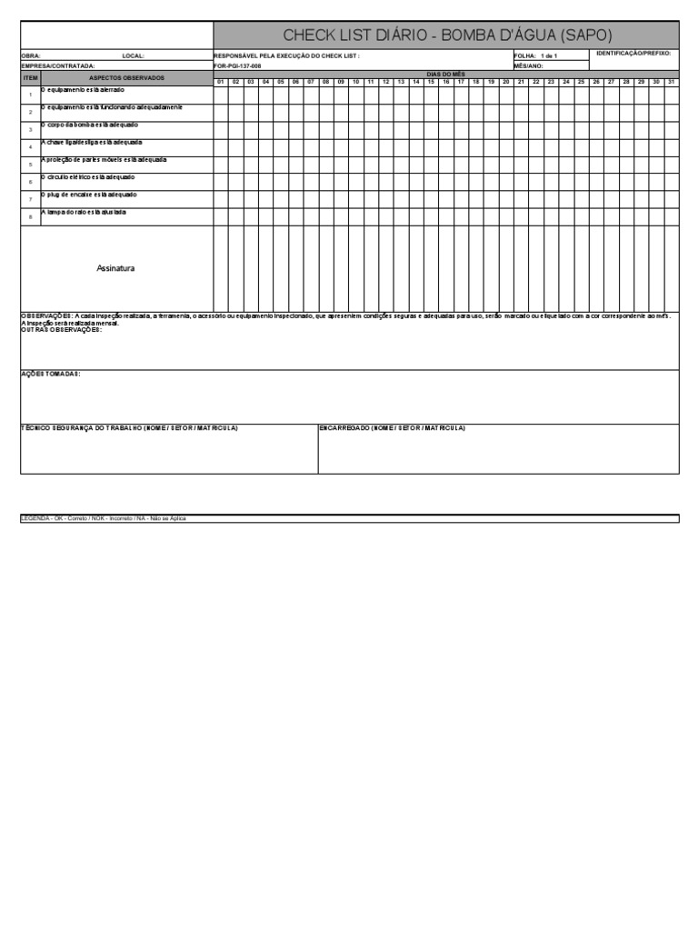18 - Check List Diario - Bomba Dagua | PDF